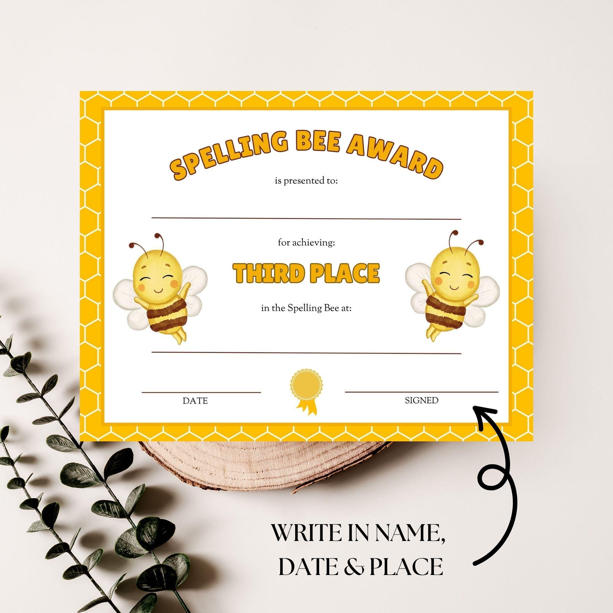 Printable Spelling Bee Award Certificate: First, Second, Third Place ...