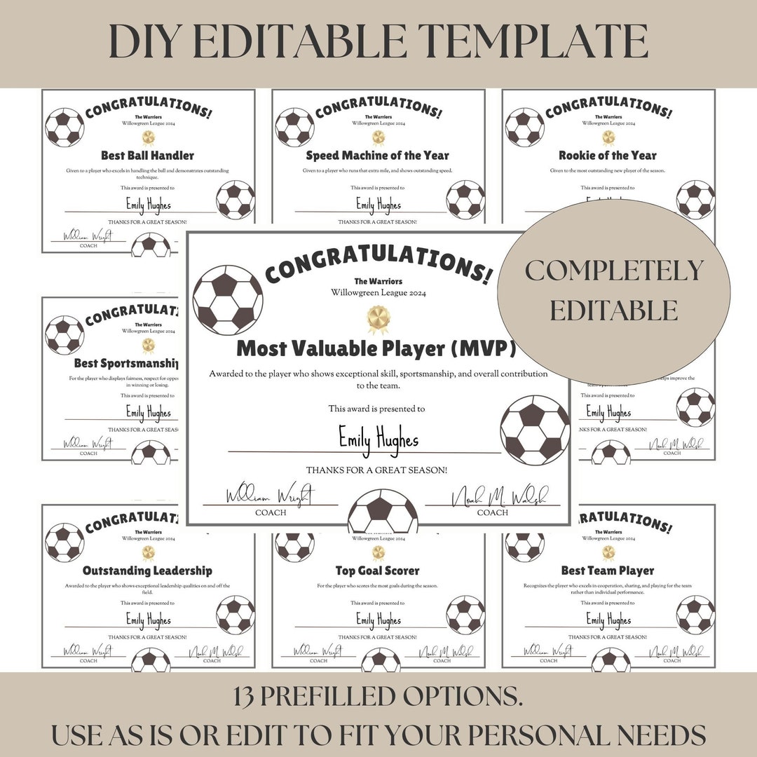 Editable Soccer Award Certificates, Award Ceremony Certificates, End of ...