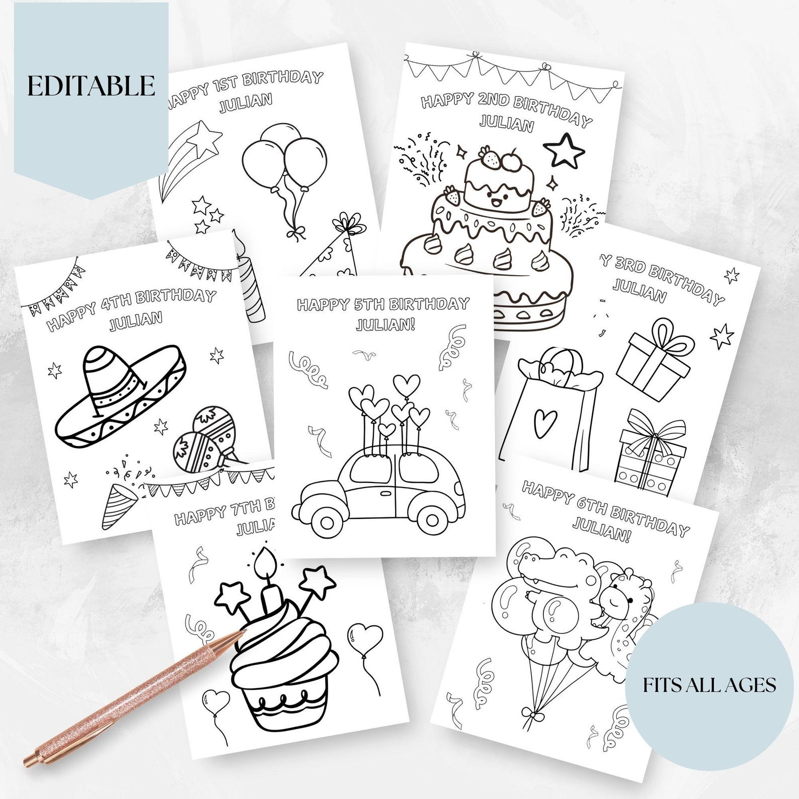 Editable Kids Birthday Coloring Pages: Printable Party Activity (PDF ...