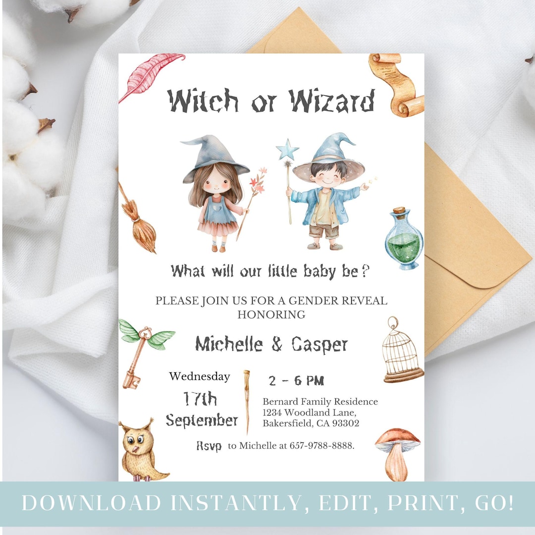Witch or Wizard Gender Reveal Invitation: Editable Magic Theme (digital ...