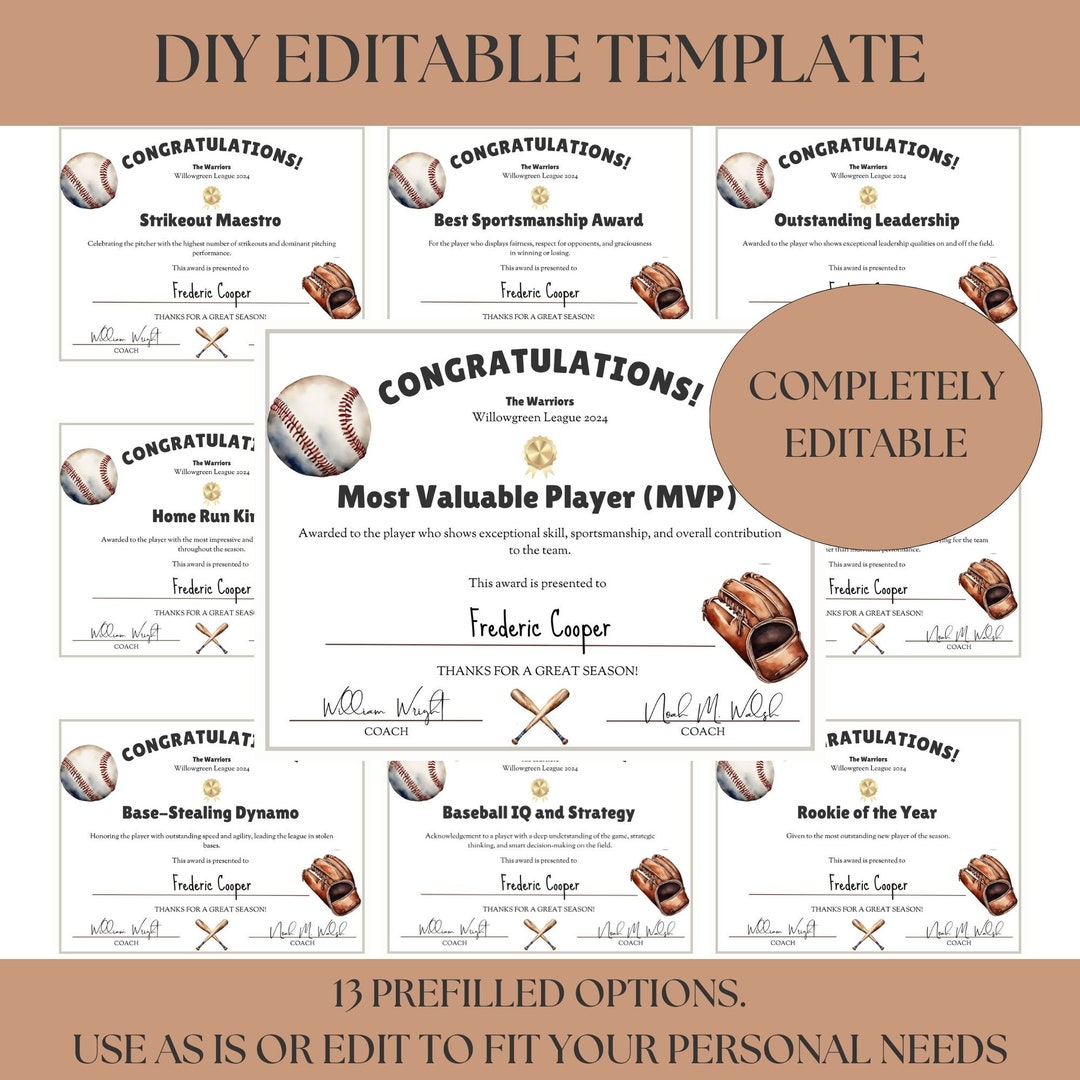 Baseball Award Certificates, Kids Award Ceremony Certificates, End of ...