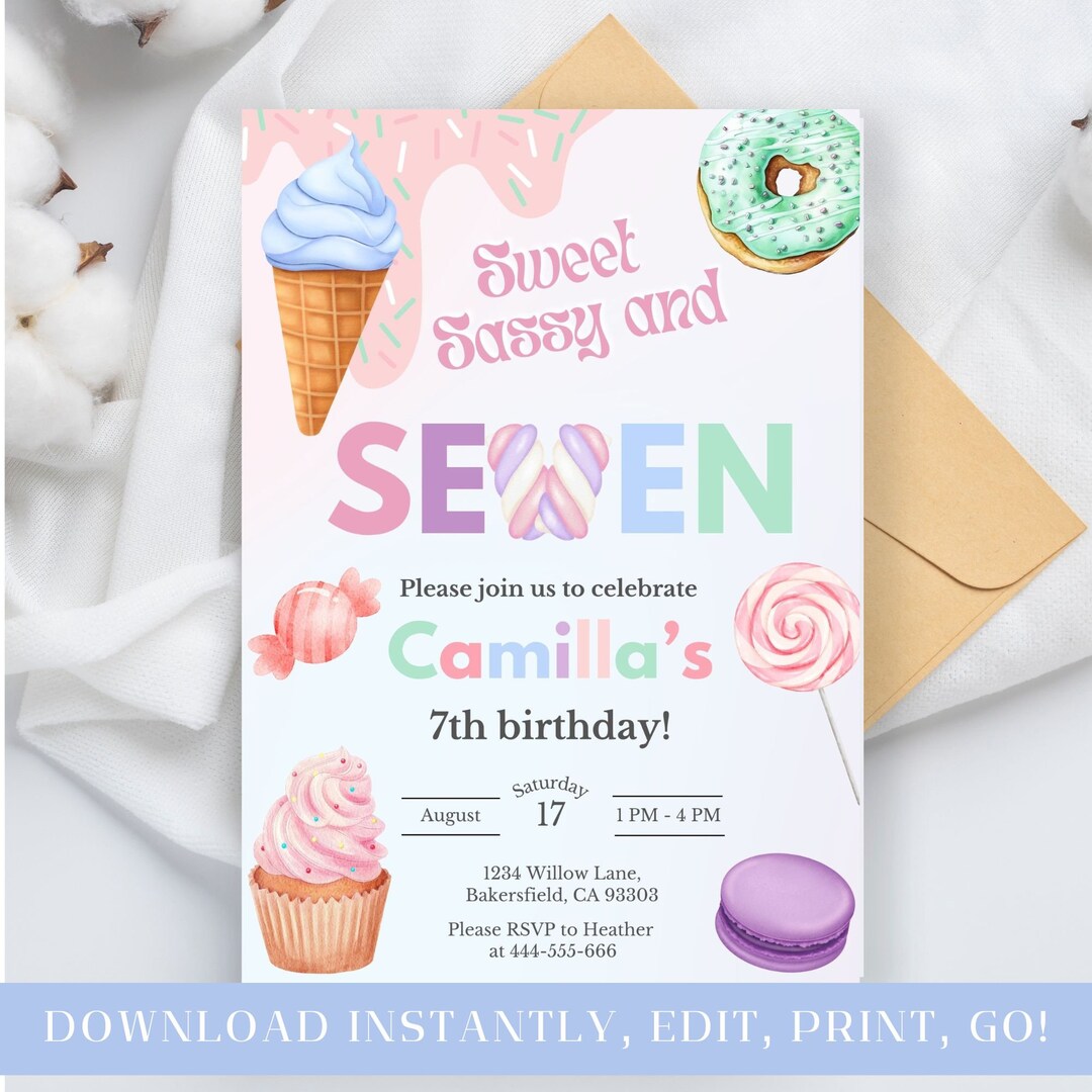 Sweet Sassy Seven Birthday Invitation: Pastel Candy Theme (editable ...