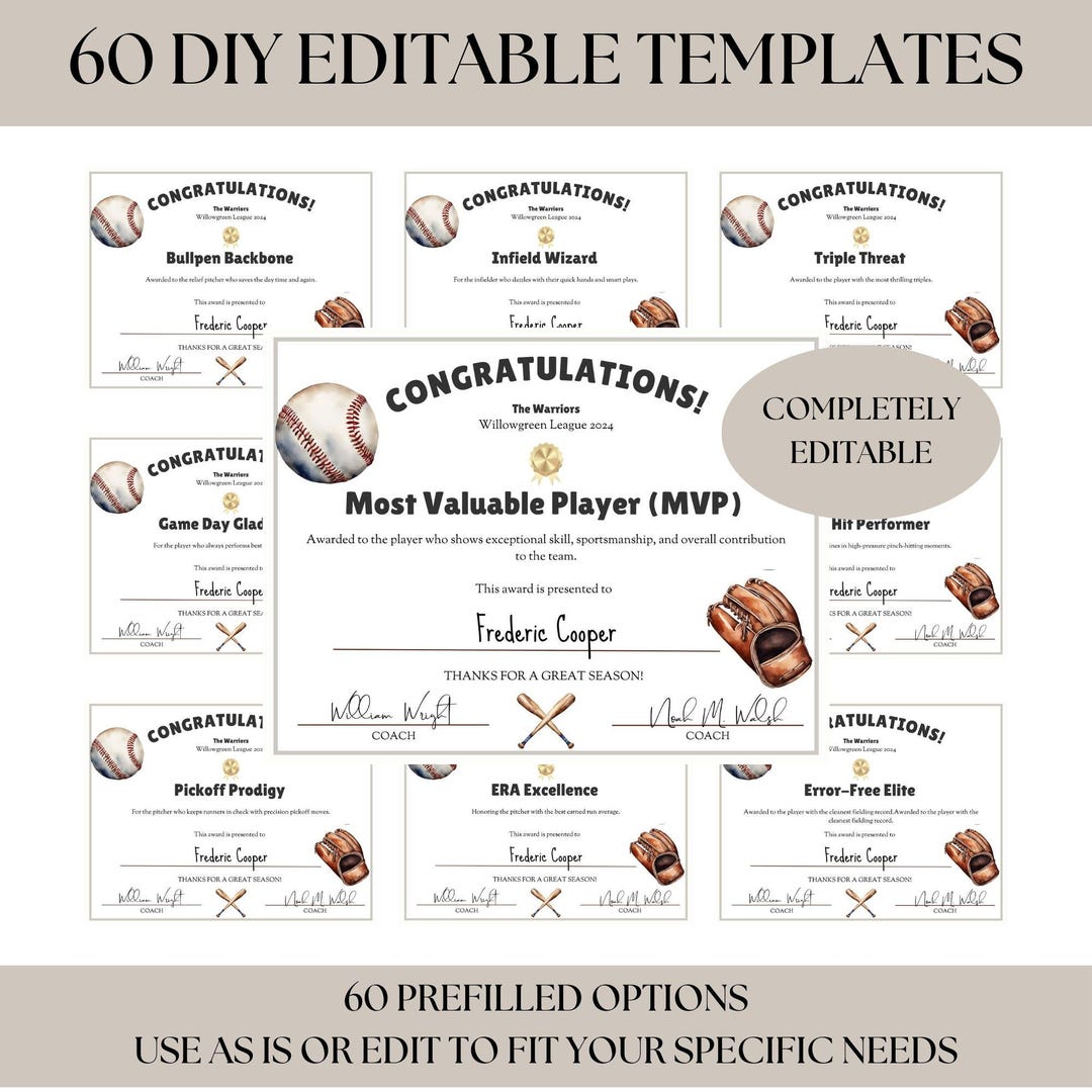 Editable Baseball Award Certificates: Team Banquet Template (canva) - Etsy
