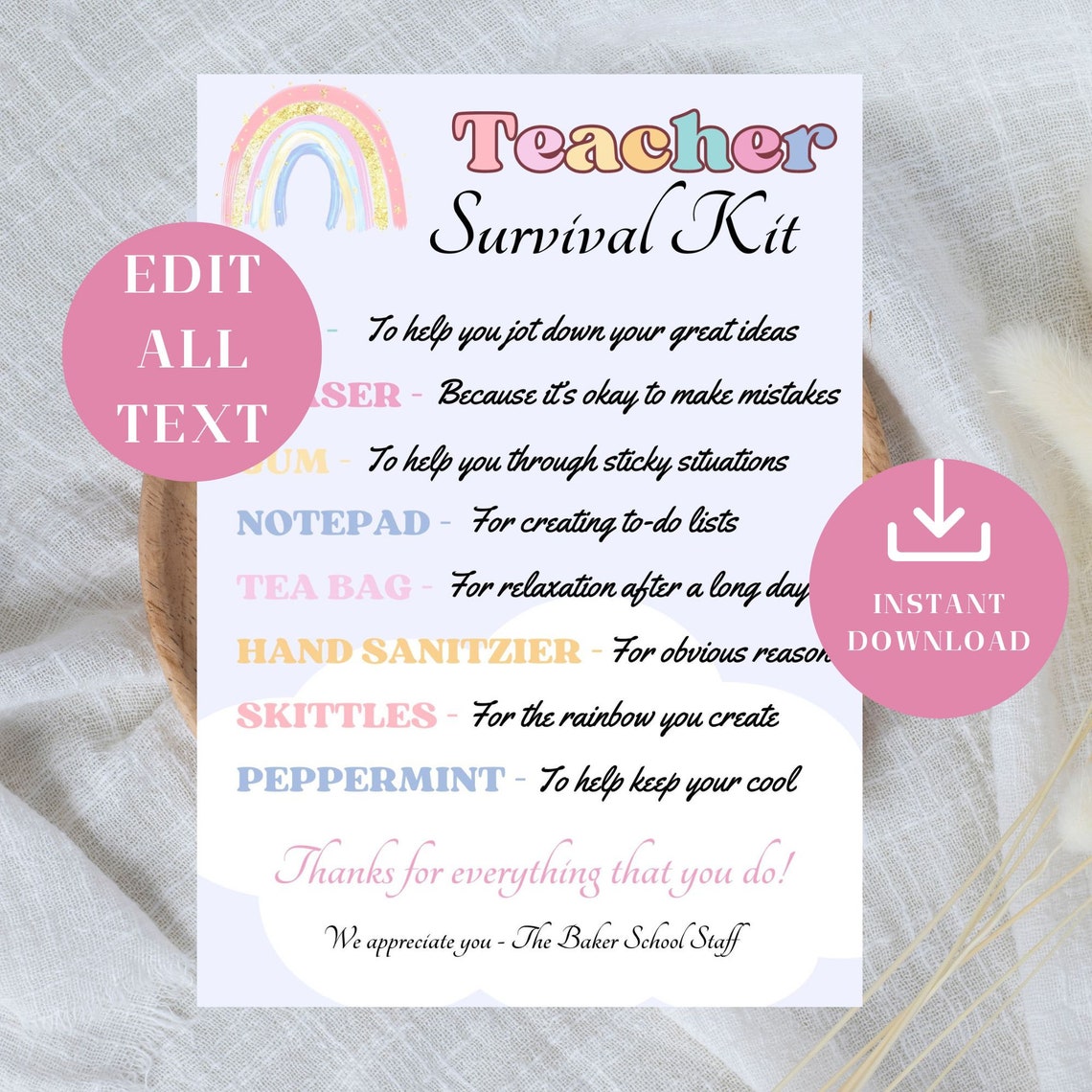 Teacher Survival Kit Printable: Back to School Gift (editable Template ...