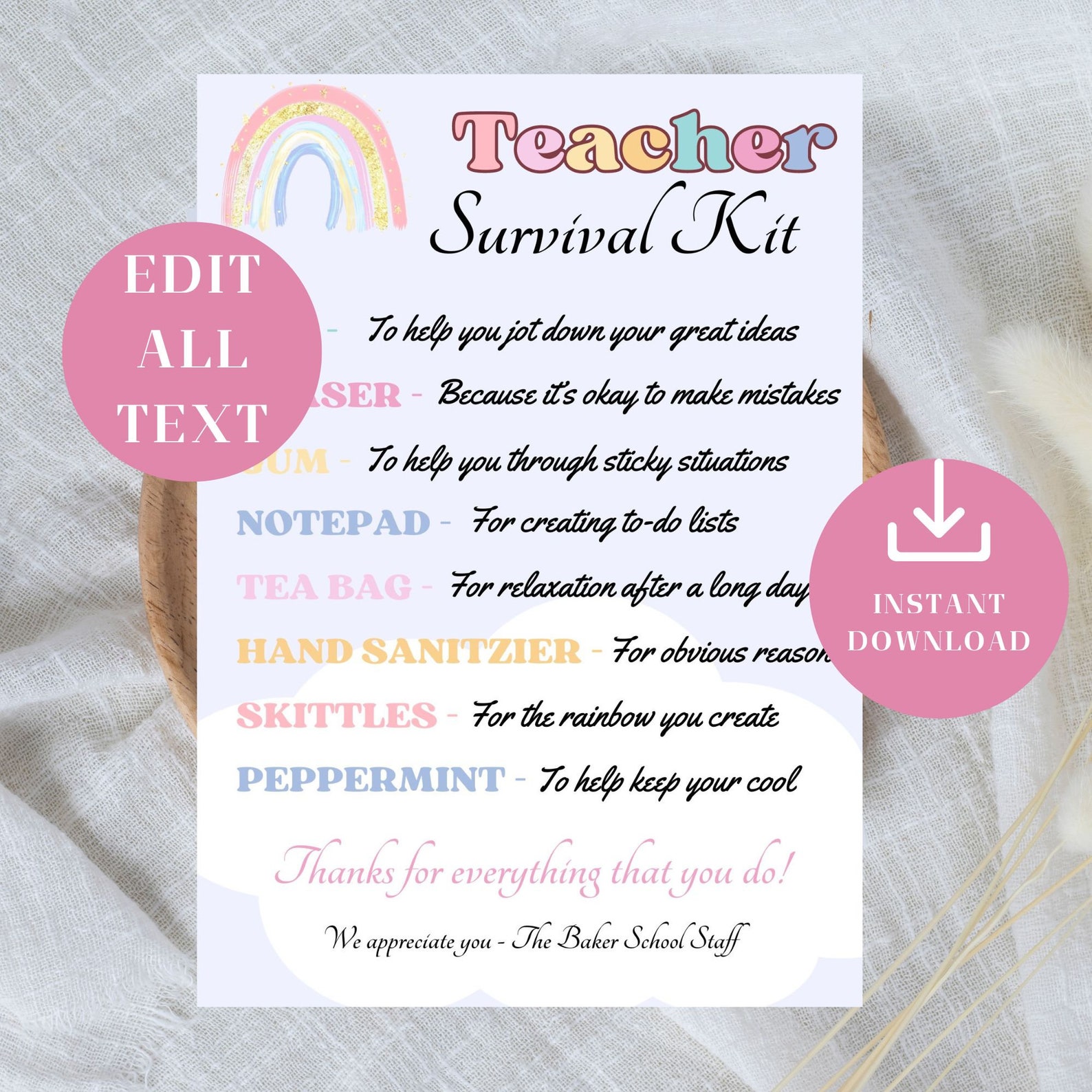 Teacher Survival Kit Printable: Back to School Gift (editable Template ...