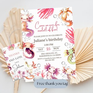 Axolotl Birthday Invitation Girl, Pink Girly Cute Invite, Editable ...