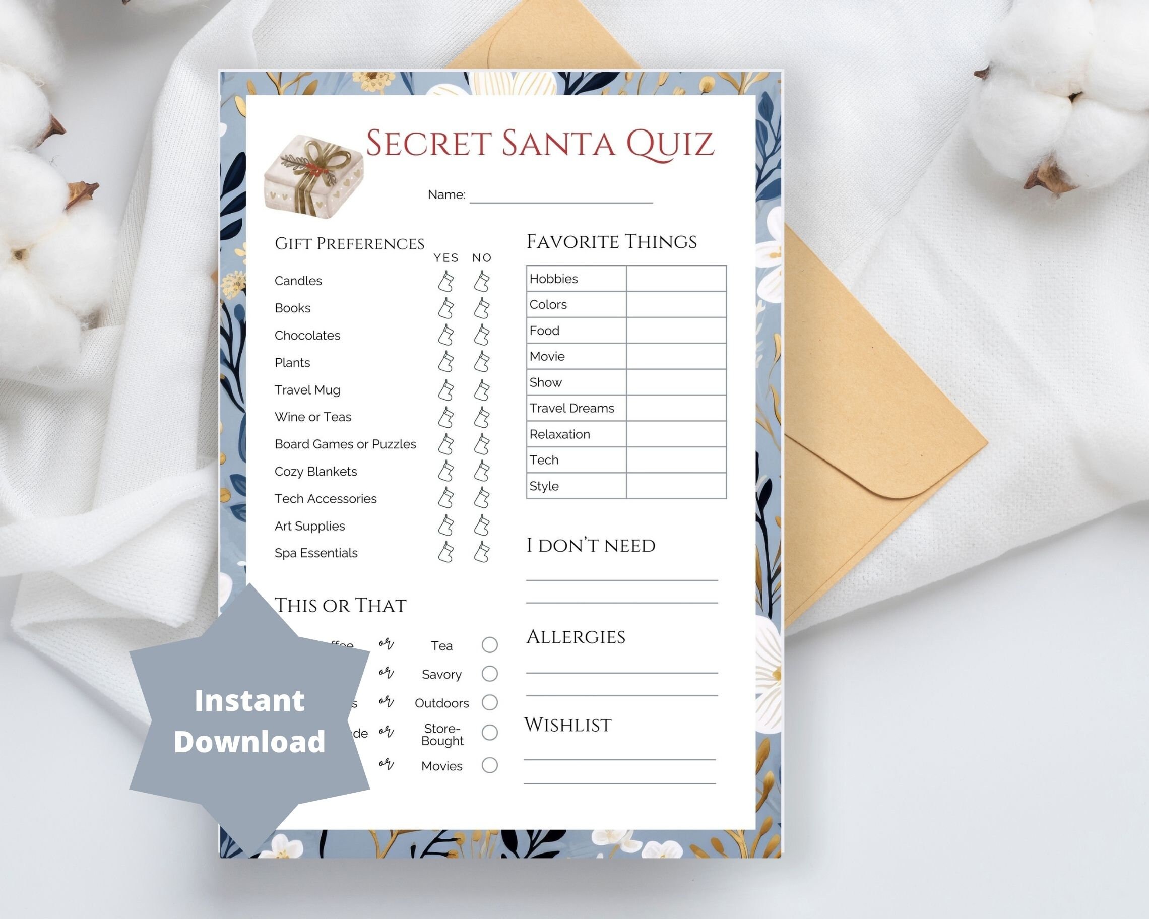 Secret Santa Quiz, Questionnaire for Co-workers, Christmas Gift ...