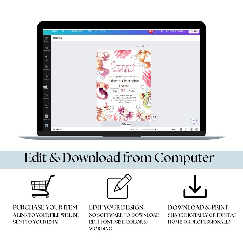 Pink Axolotl Birthday Invitation: Under the Sea Theme (editable Canva ...