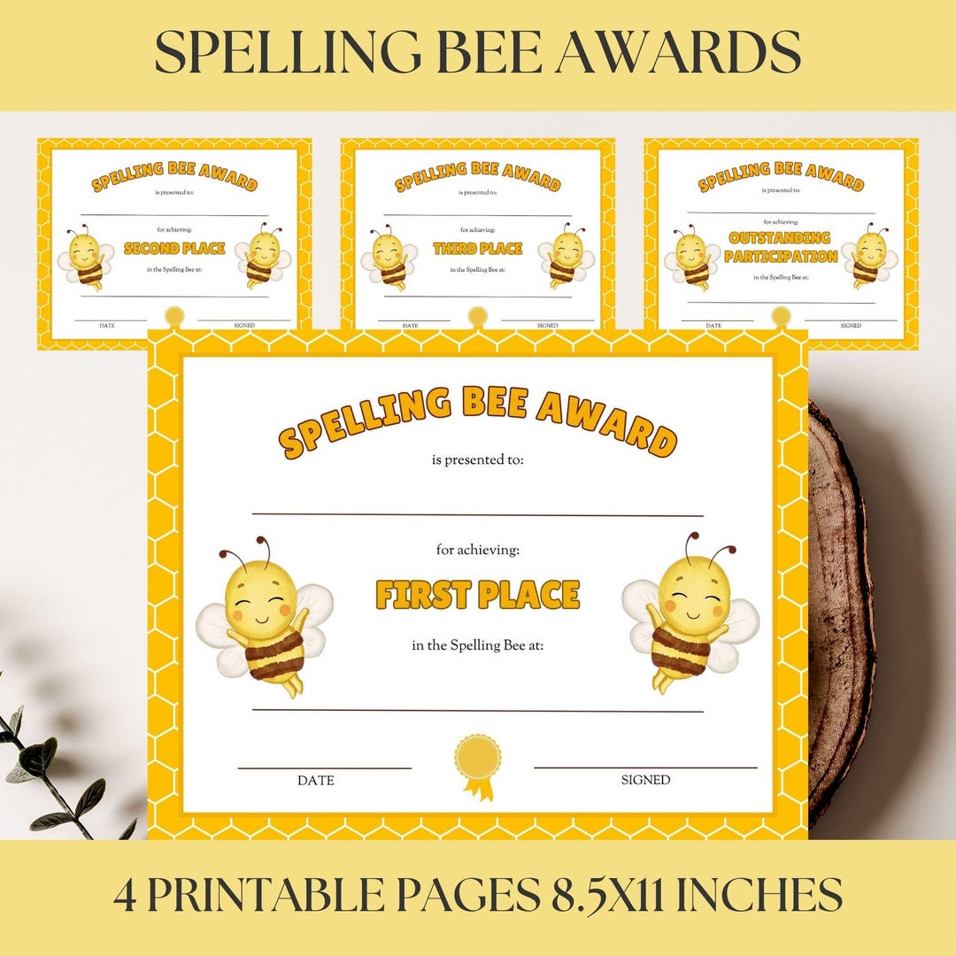 Spelling Bee Award Certificate, Printable, First Place, Second Place ...