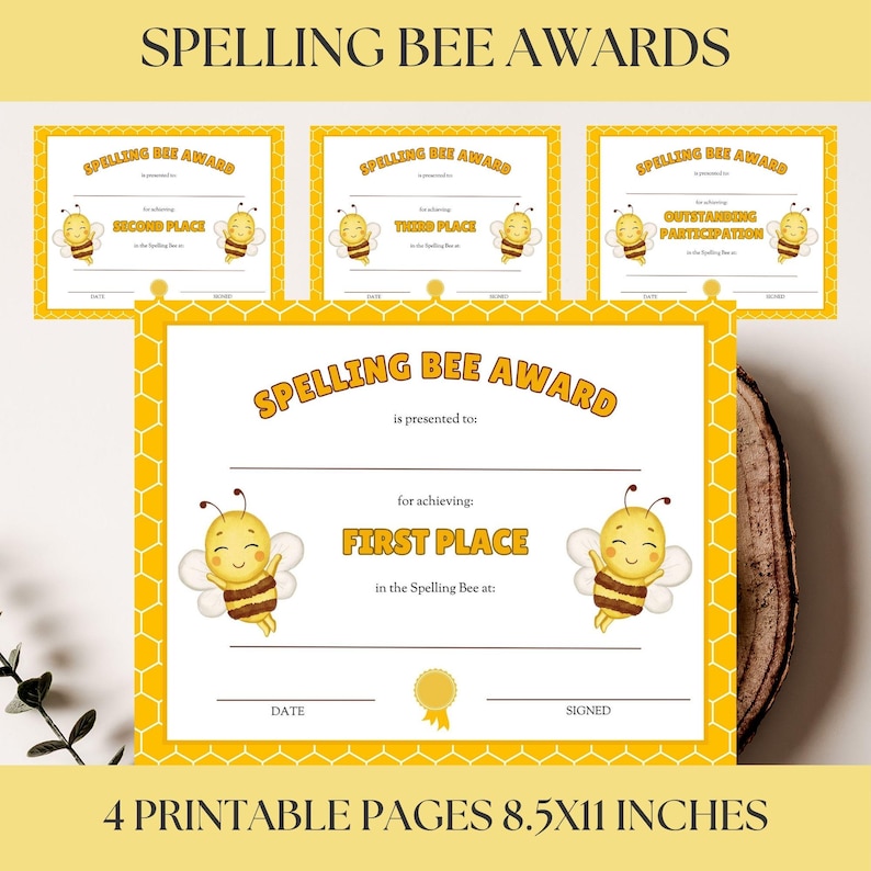 Spelling Bee Award Certificate, Printable, First Place, Second Place ...