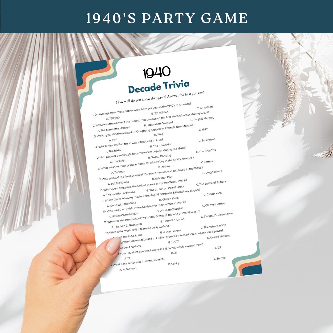 Decade Trivia Game, Fun Trivia 1940s, Forties, 80th Birthday Party ...