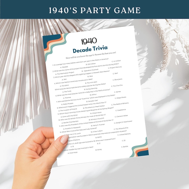 Decade Trivia Game, Fun Trivia 1940s, Forties, 80th Birthday Party ...