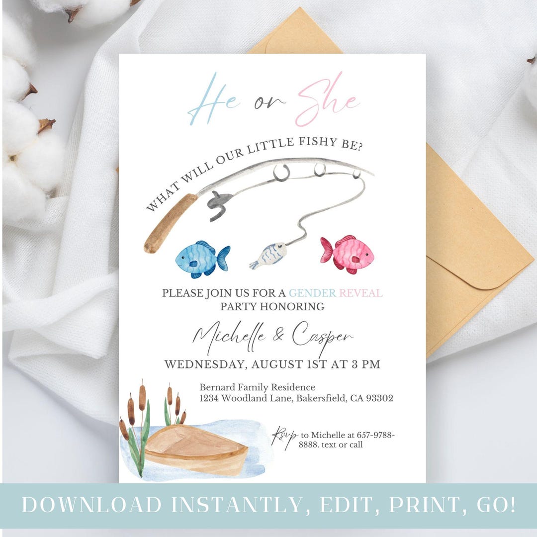 Fishing Gender Reveal Invitation: Watercolor Fish (editable Digital ...