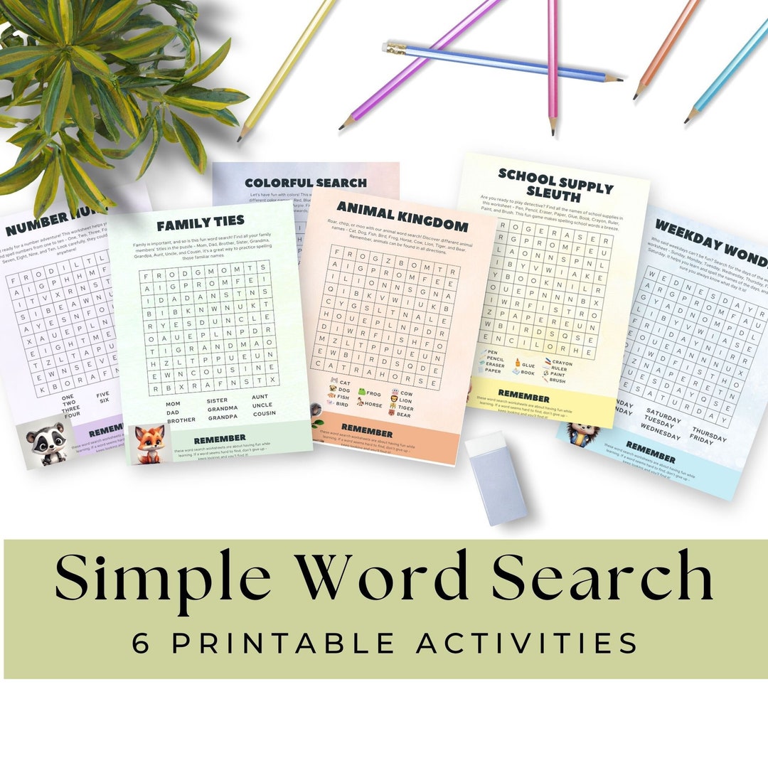 Simple Word Search Printable Puzzle Kindergarten First Grade Word ...