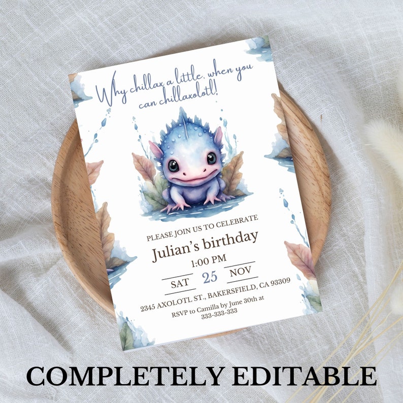 Axolotl Birthday Invitation Boy, Blue Cute Invite, Editable Canva ...