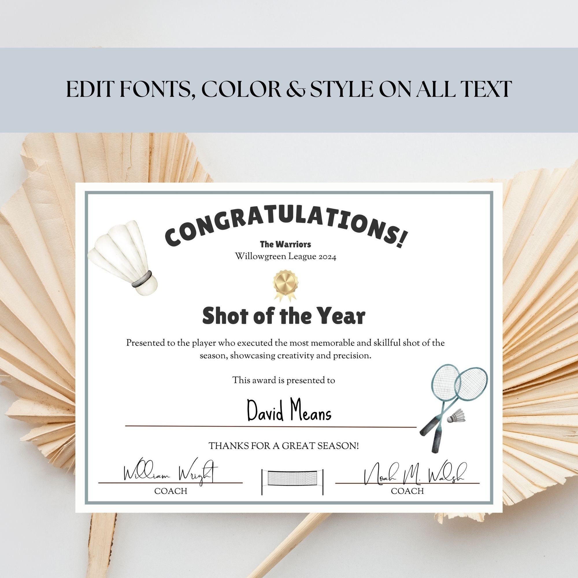 Badminton Award Certificate, Ceremony Certificates, End of Season ...