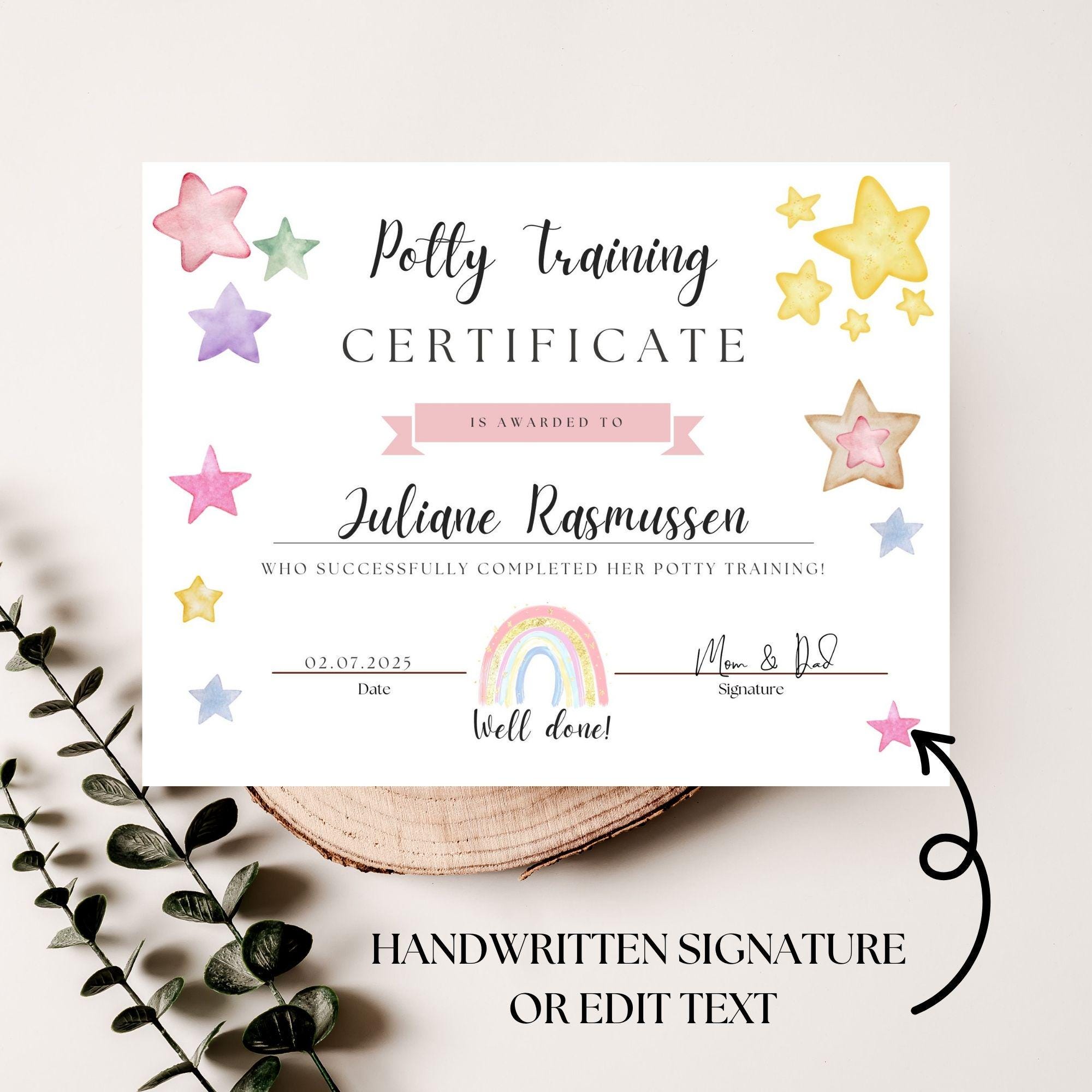 Potty Training Award Certificate for Kids, Toddler's Award, Editable ...
