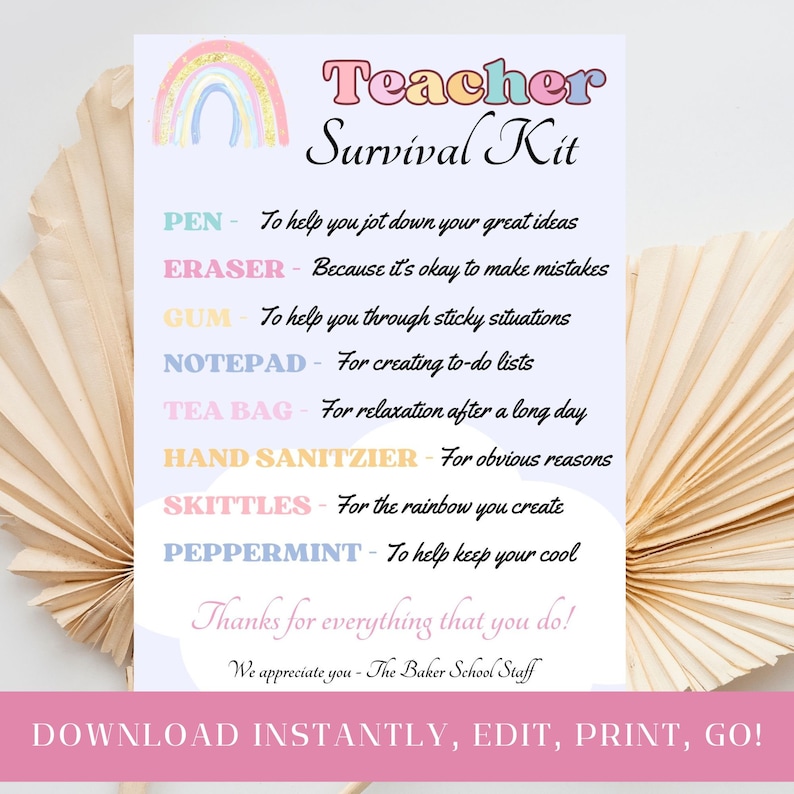 Teacher Survival Kit Printable: Back to School Gift (editable Template ...