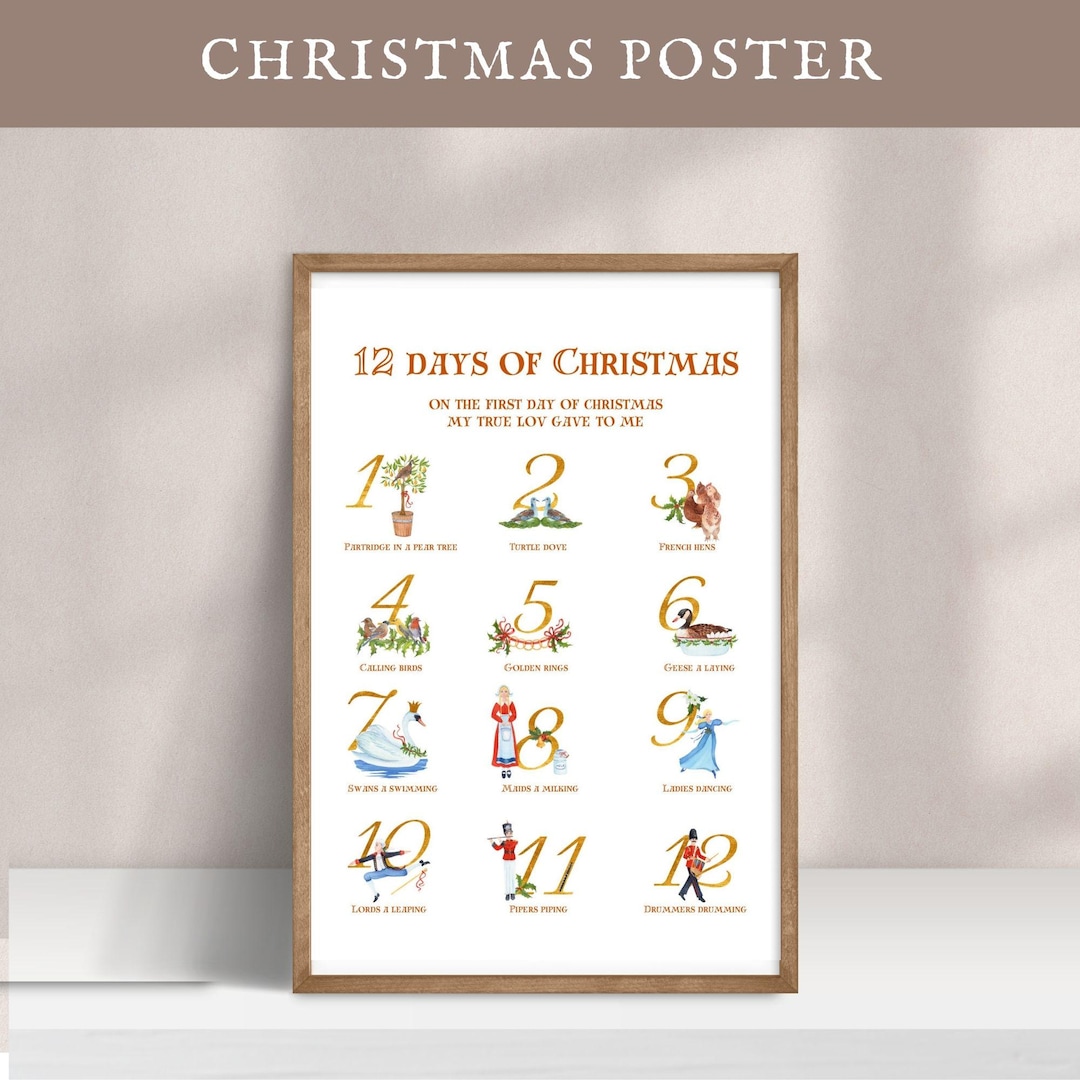 Twelve Days of Christmas Poster, Holiday Season Wall Art, 12 Days Carol ...