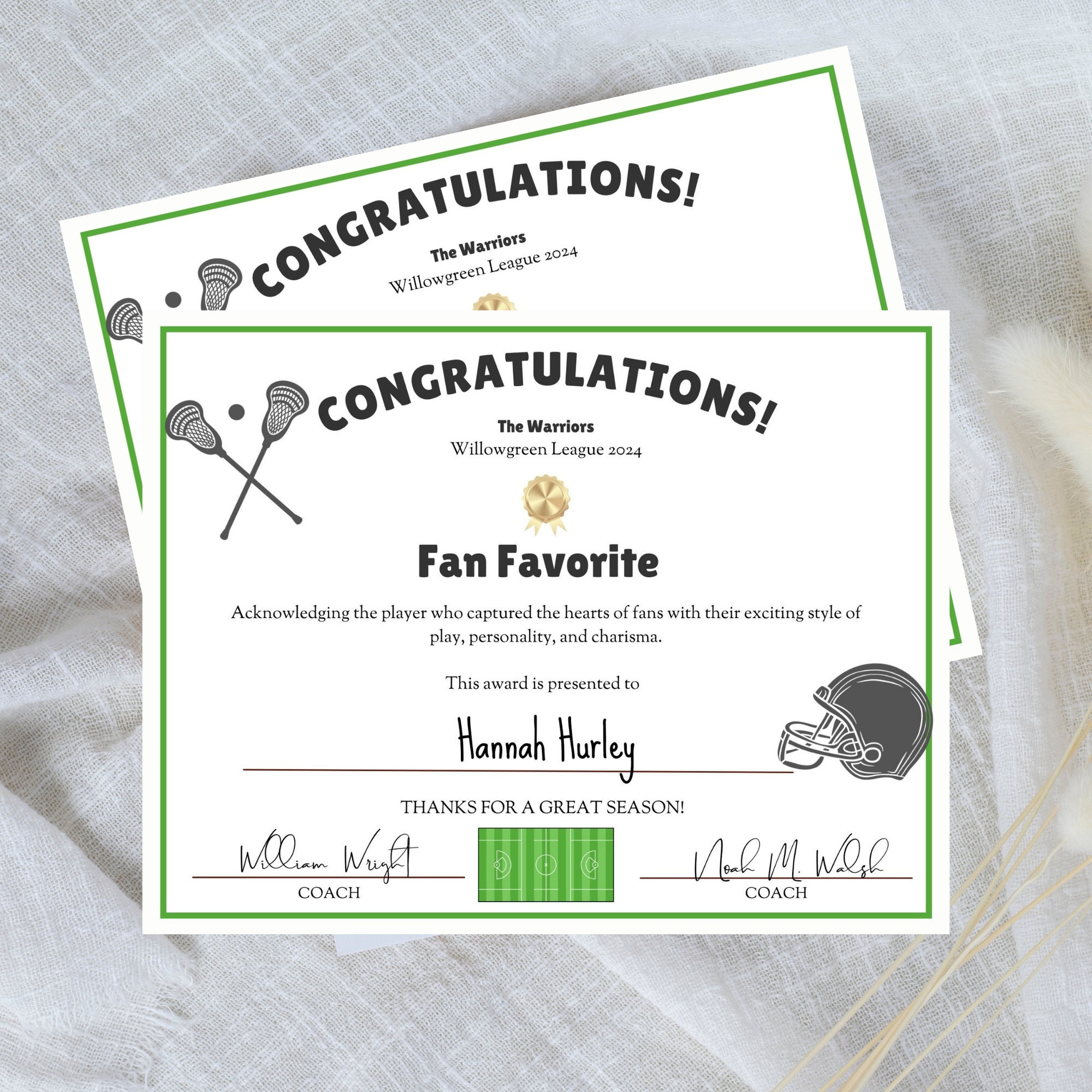 Lacrosse Award Certificates, Ceremony Player Gift, Sports Certificate ...
