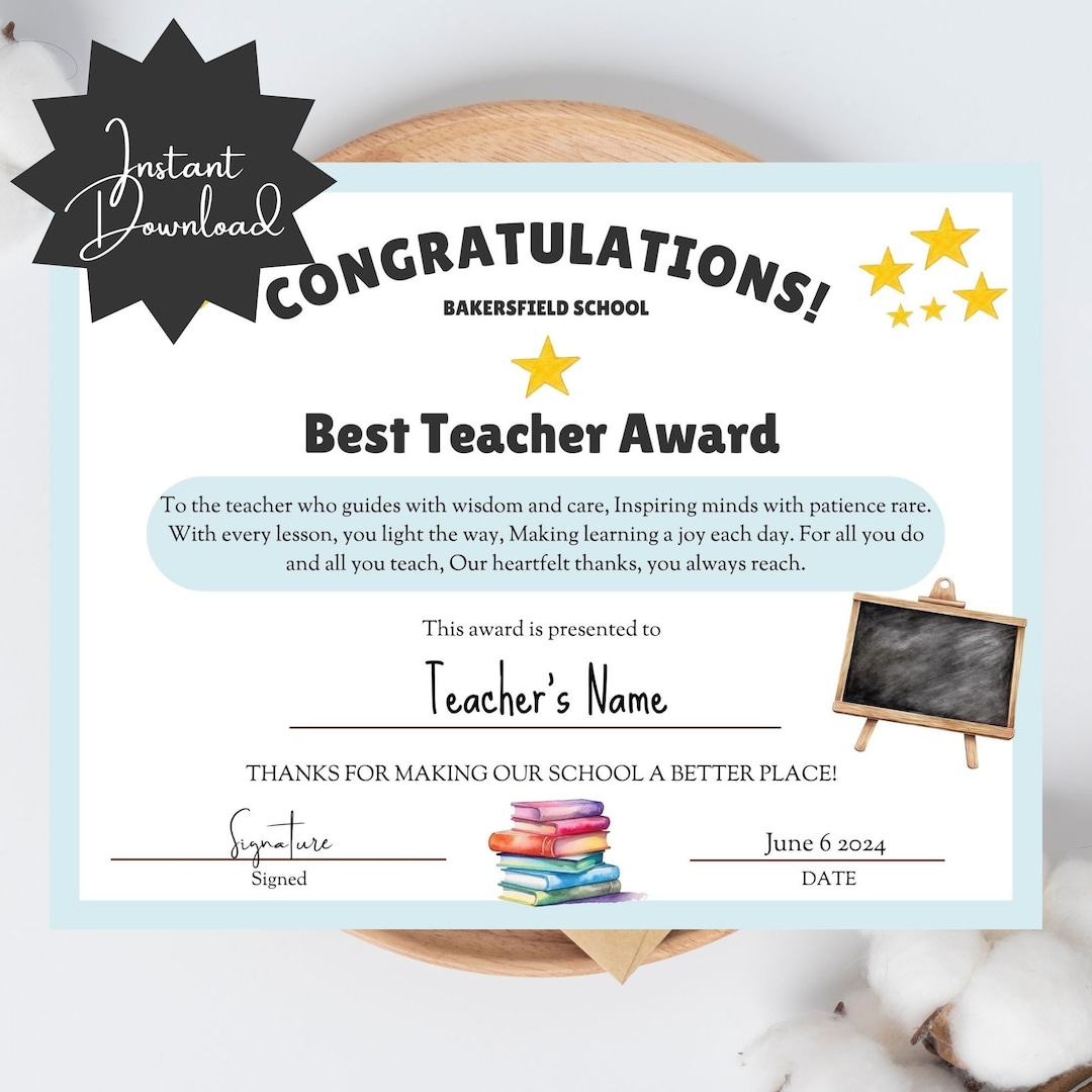 Best Teacher Award Certificate, End of School Year Appreciation, Gift From Students, Editable ...
