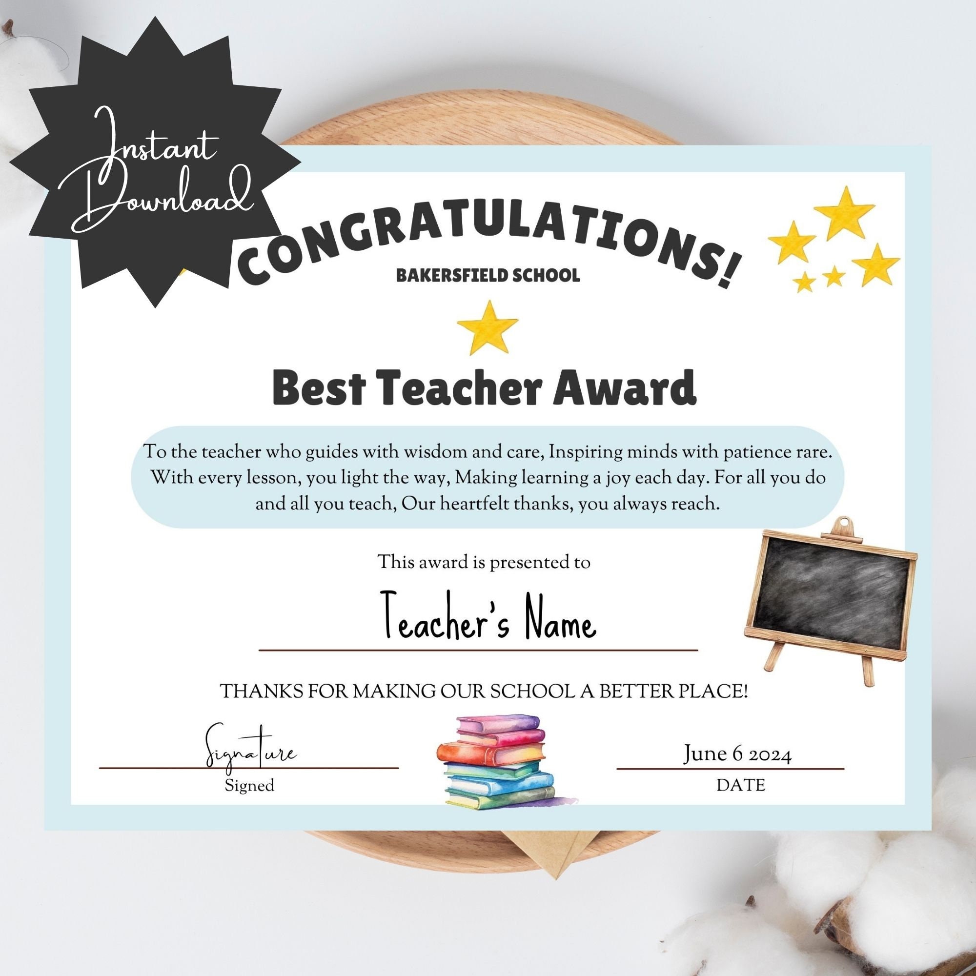 Best Teacher Award Certificate, End of School Year Appreciation, Gift ...