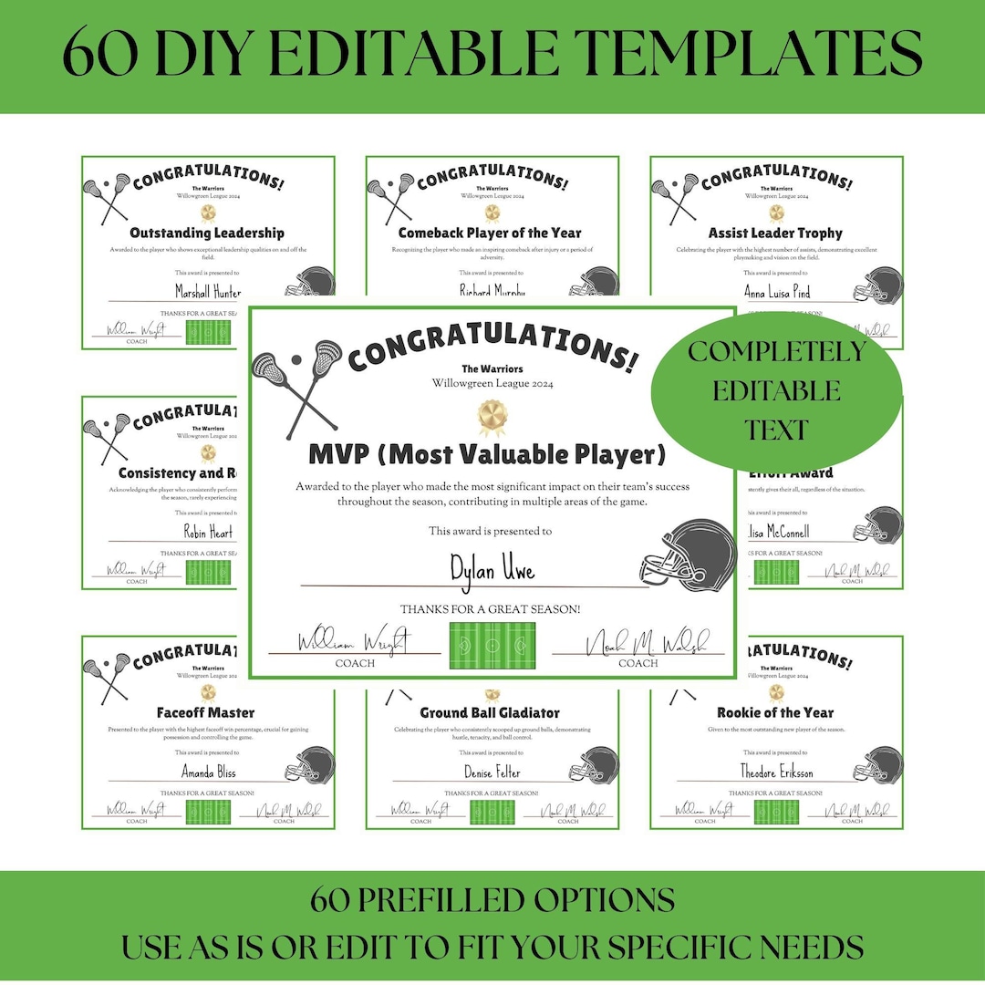 Lacrosse Award Certificates, Ceremony Player Gift, Sports Certificate ...