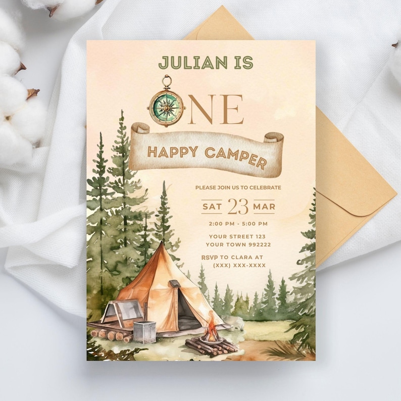 EDITABLE One Happy Camper Invitation, Baby Kids Party Invite, Little Adventure, Girls Boys ...