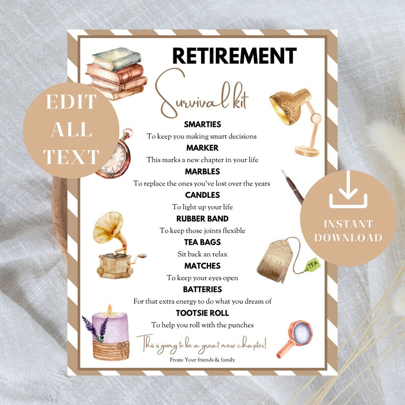 Retirement Survival Kit Card: Fun Farewell Gift (editable PDF) - Etsy