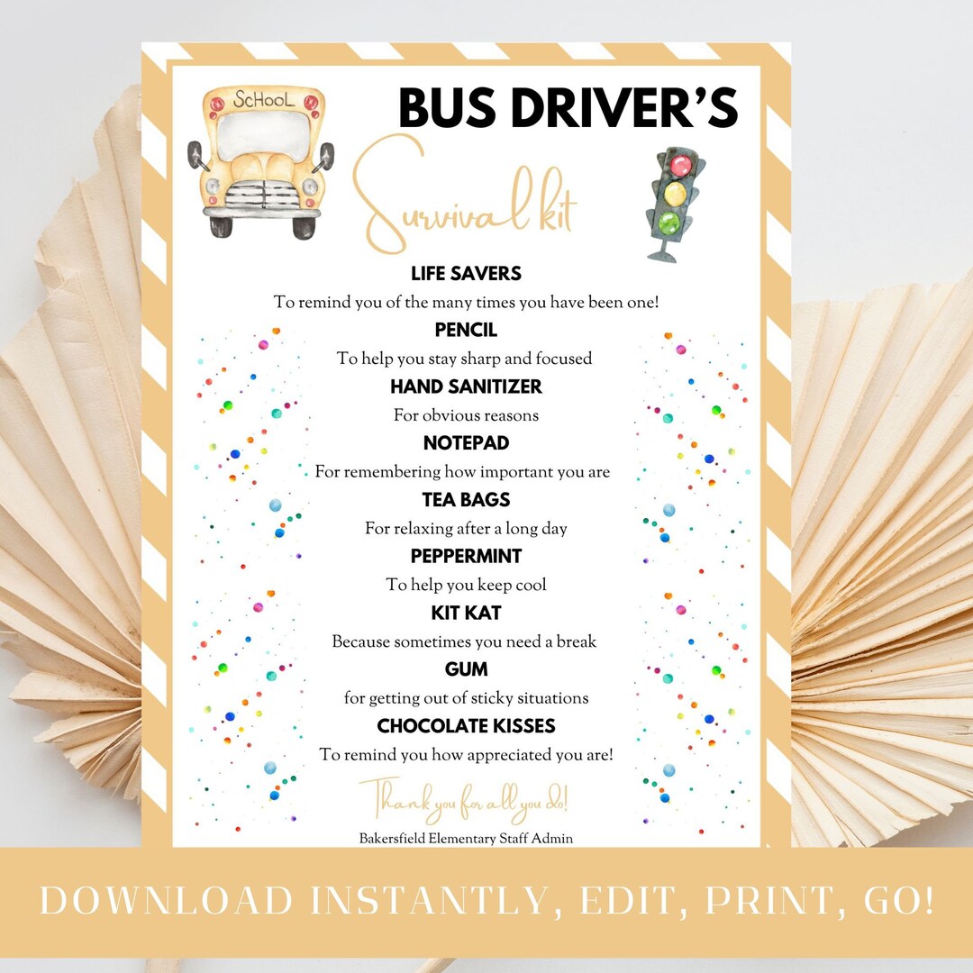 Bus Driver Survival Kit Printable: Appreciation Gift Tag (editable ...