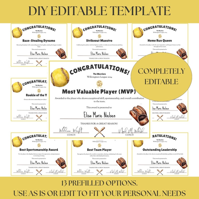 Editable Softball Award Certificates: Team Banquet Printables (canva ...