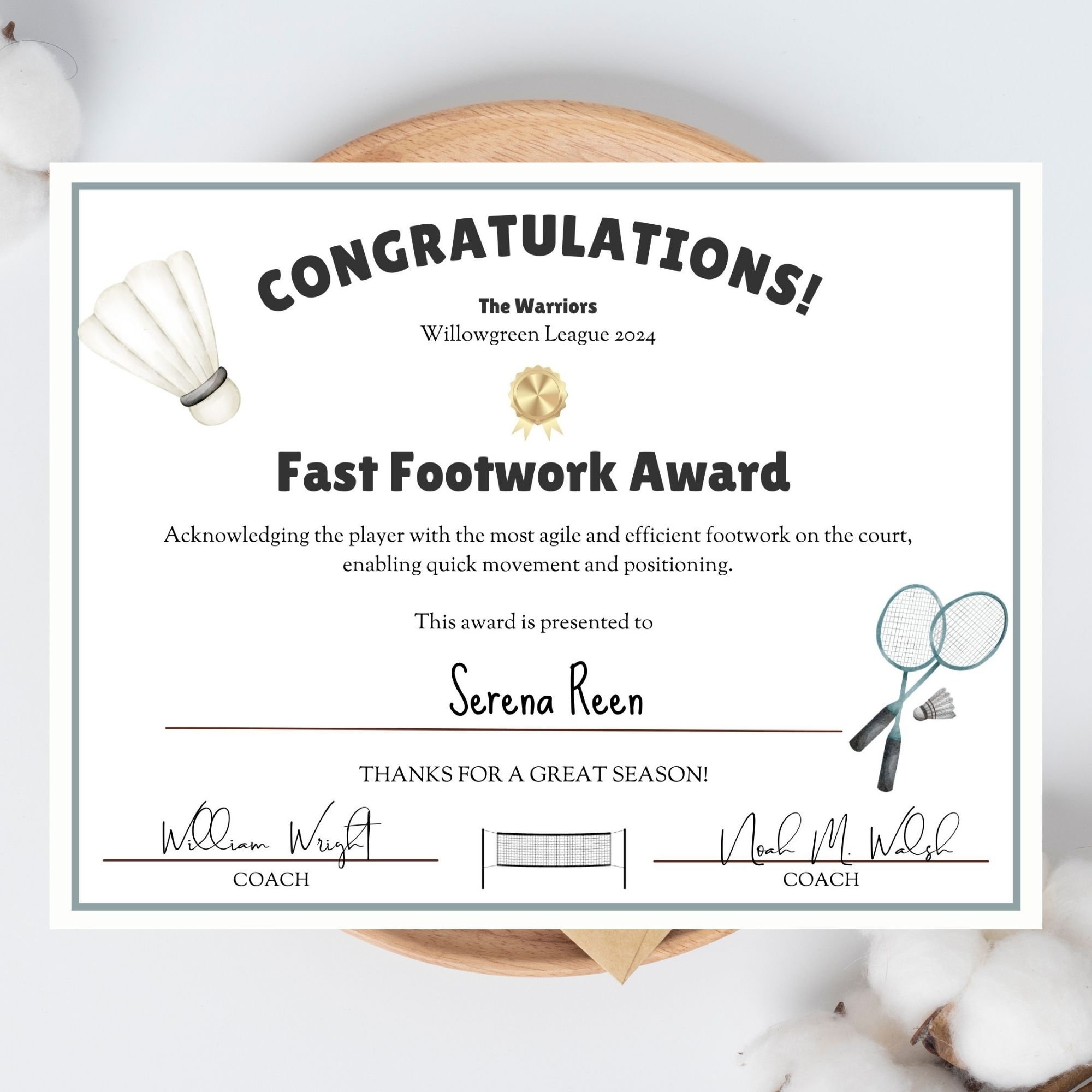 Badminton Award Certificate, Ceremony Certificates, End of Season ...