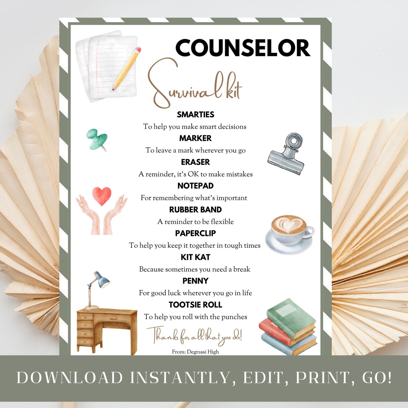 Counselor Survival Kit Card: Back to School Thank You Gift (editable ...
