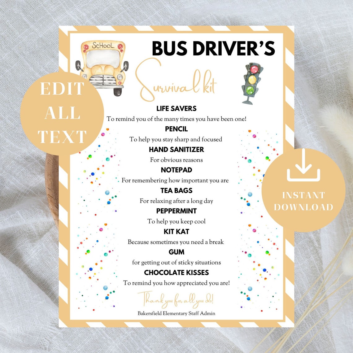 Bus Driver Survival Kit Printable: Appreciation Gift Tag (editable ...