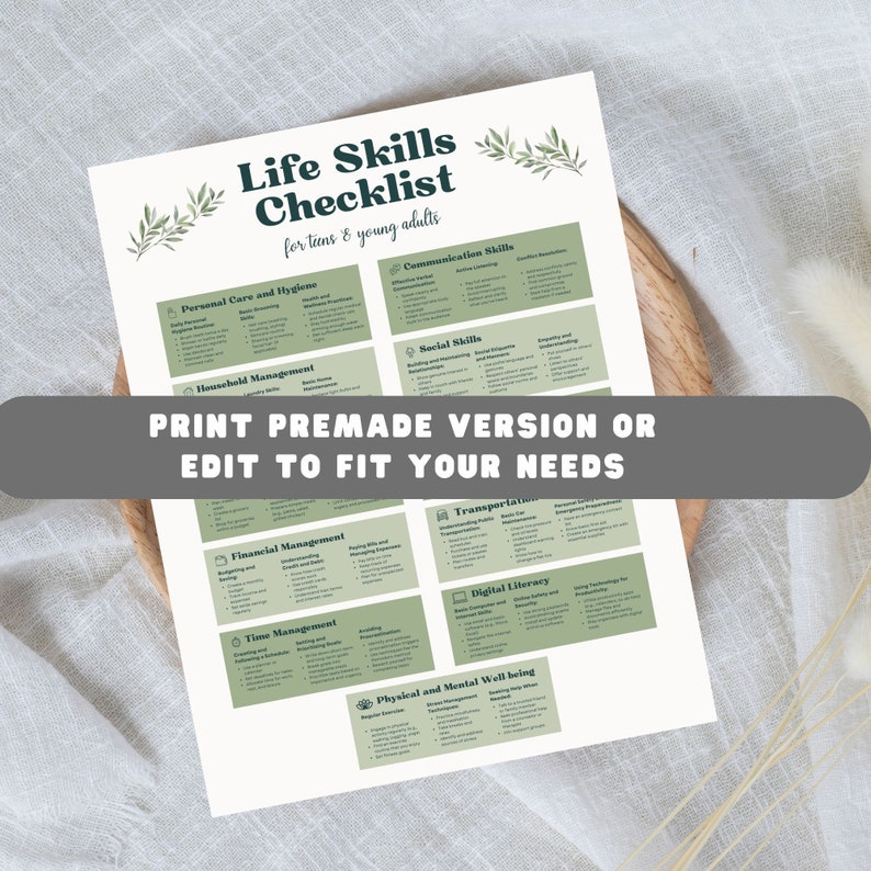 EDITABLE Life Skills Checklist for Teens & Young Adults, Youth ...