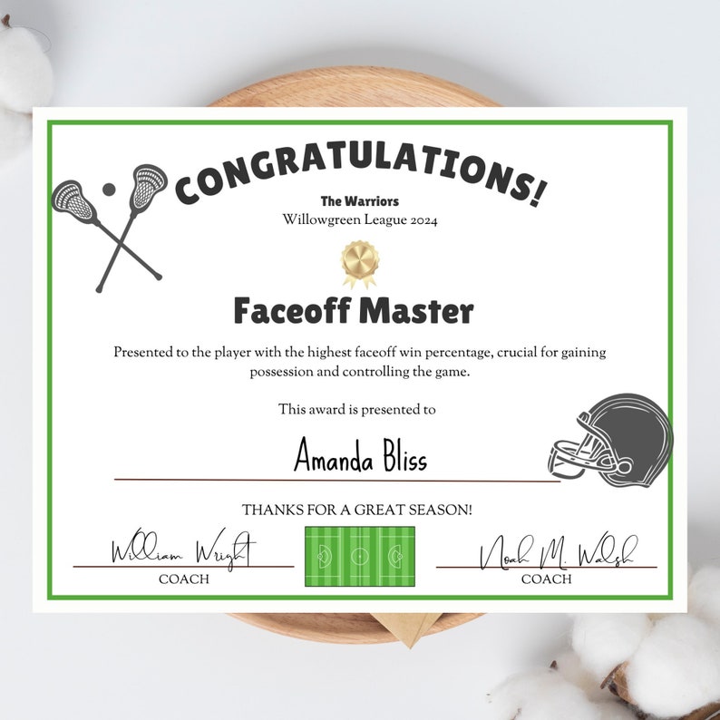 Lacrosse Award Certificates, Ceremony Player Gift, Sports Certificate ...