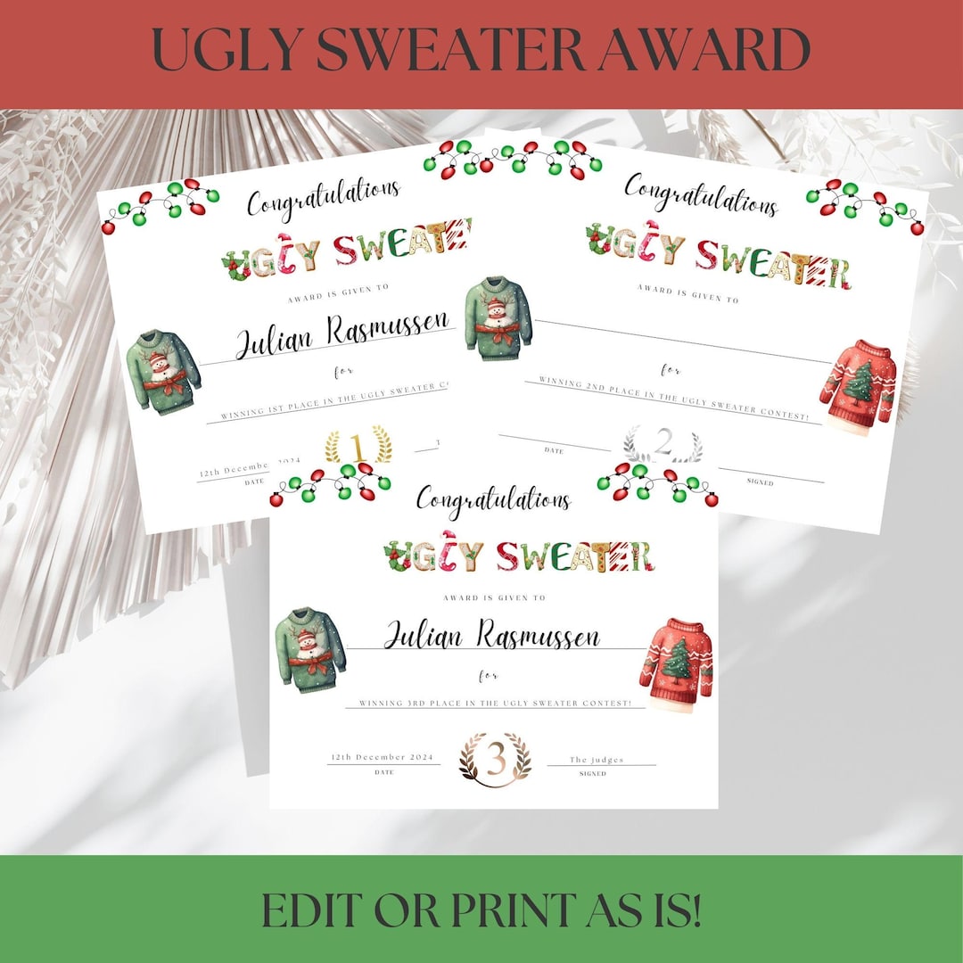 Christmas Ugly Sweater Certificate, Award for Best Costume, First ...
