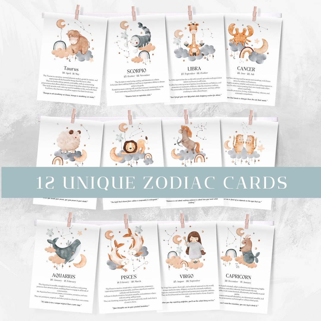 12 Zodiac Sign Birthday Cards, Horoscope Quote & Description, Boho ...