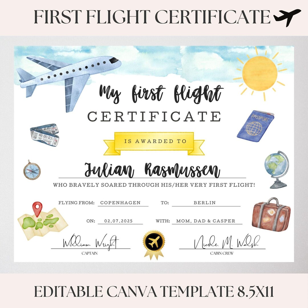 My First Flight Certificate, Airplane Souvenir, Editable Keepsake ...