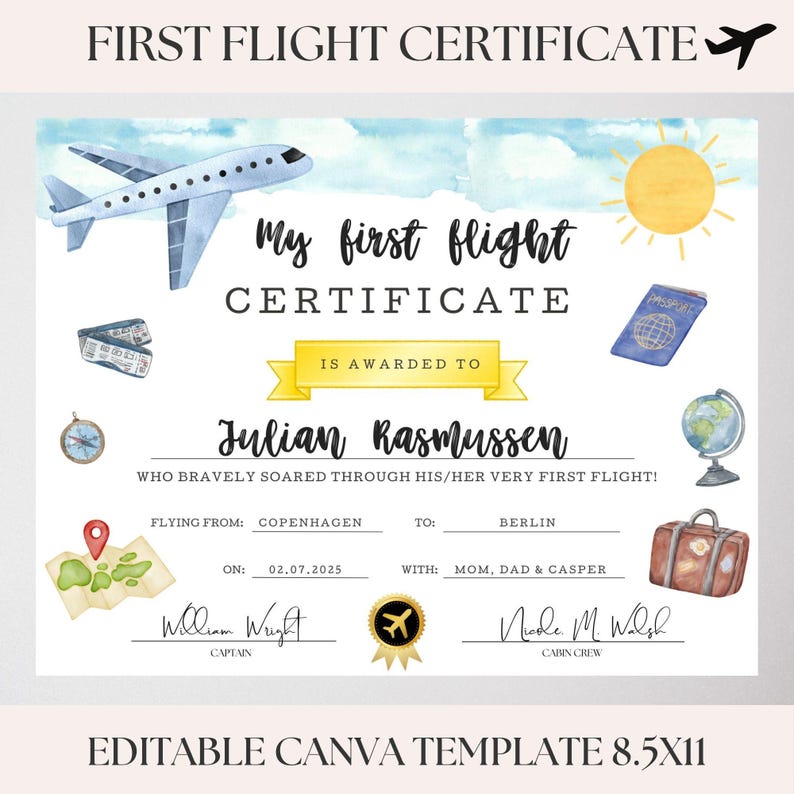 My First Flight Certificate for Kids, Toddler's Award, Vacation Gift ...