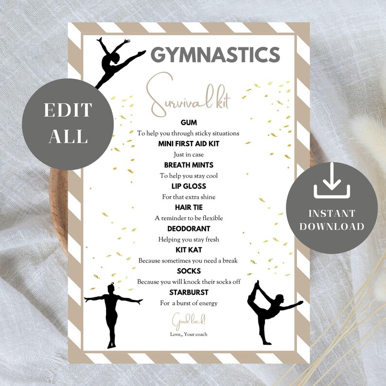 Gymnastics Survival Kit Printable: Editable Good Luck Gift Tag (PDF) - Etsy