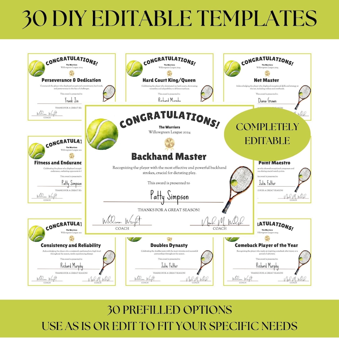 Editable Tennis Award Certificates: Team Banquet Template (canva) - Etsy