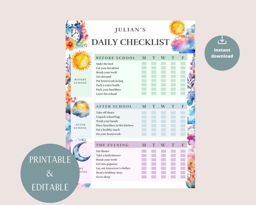 School Day Checklist Schedule Printable & Editable, Toddler Routine ...