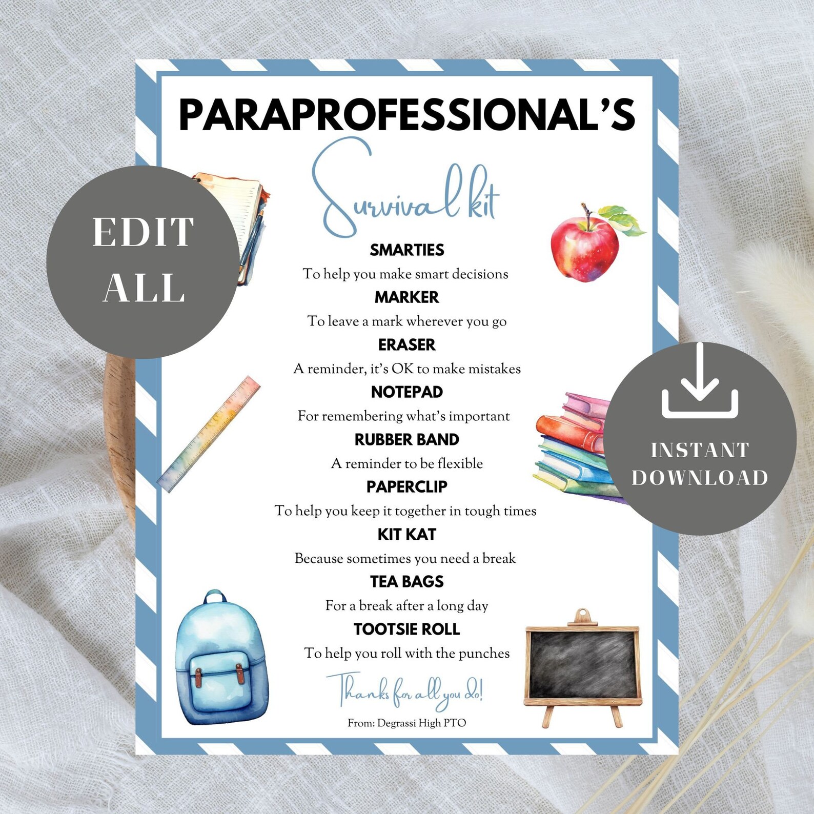 Paraprofessional's Survival Kit Tag, Back to School Parapro Gift Idea ...