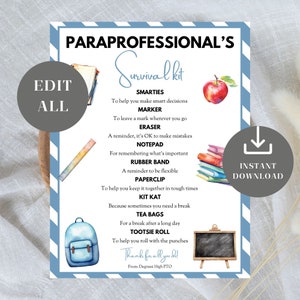 Paraprofessional's Survival Kit Tag, Back to School Parapro Gift Idea ...