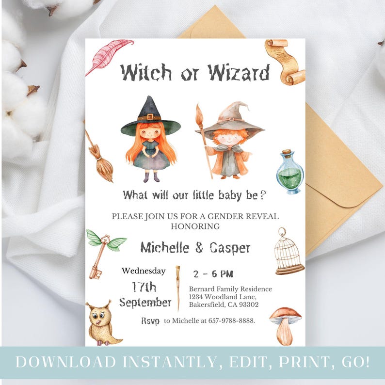 Editable Witch or Wizard Gender Reveal Invite, Invitation Template ...