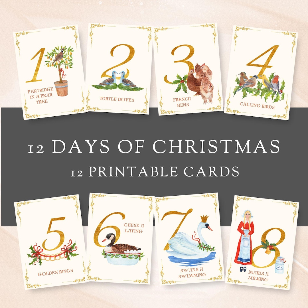 12 Days of Christmas Printable Cards, Twelve Days of Xmas Set, Instant ...