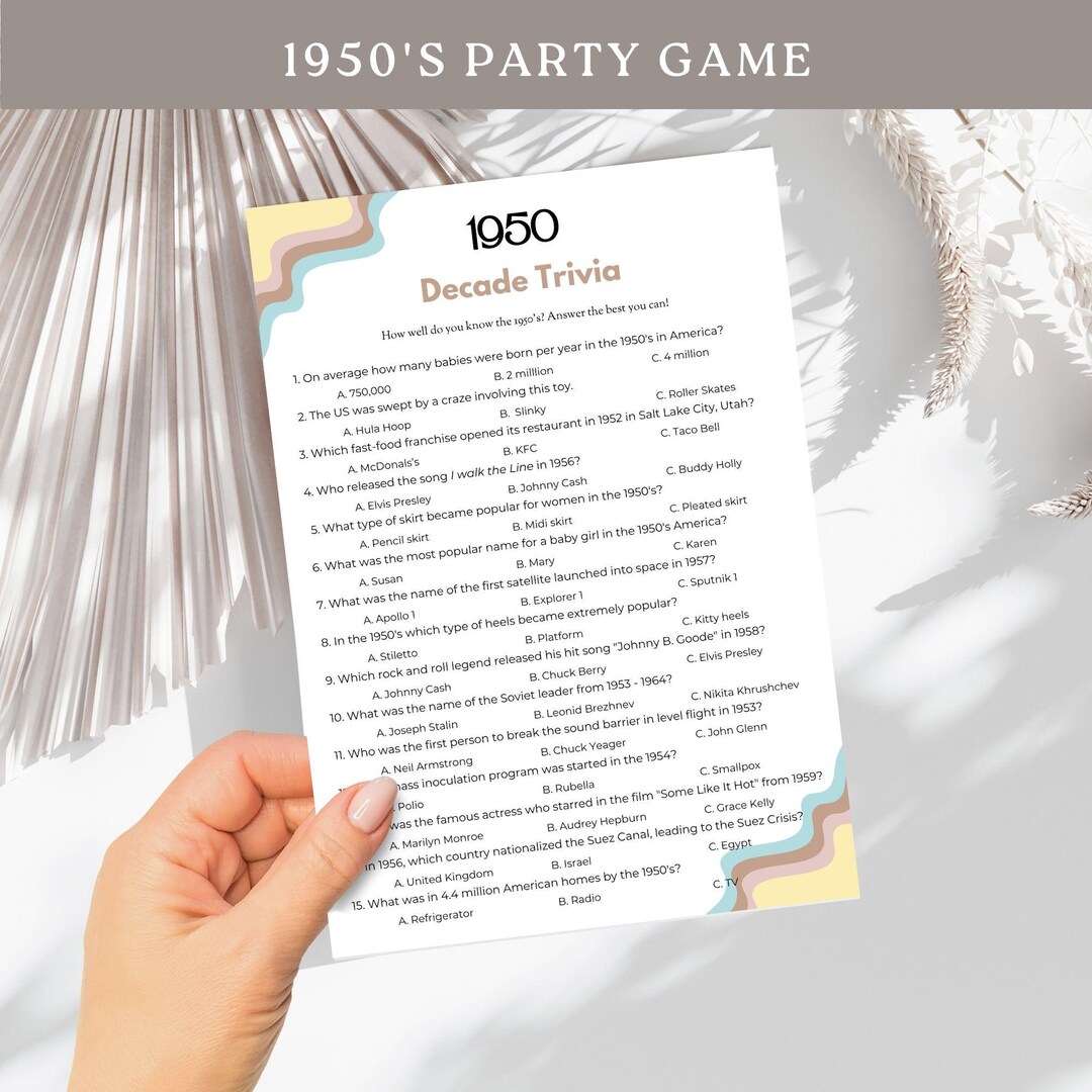 Decade Trivia Game, Fun Trivia 1950s, Fifties, 70th Birthday Party ...