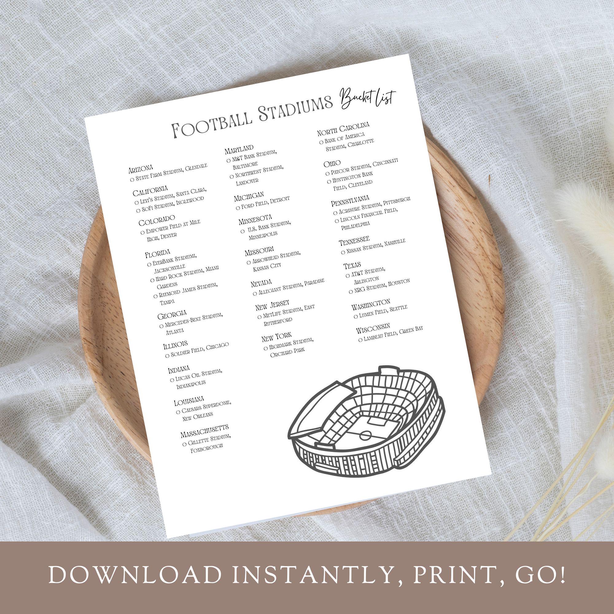 US Football Stadiums Bucket List: Travel Checklist (PDF) - Etsy