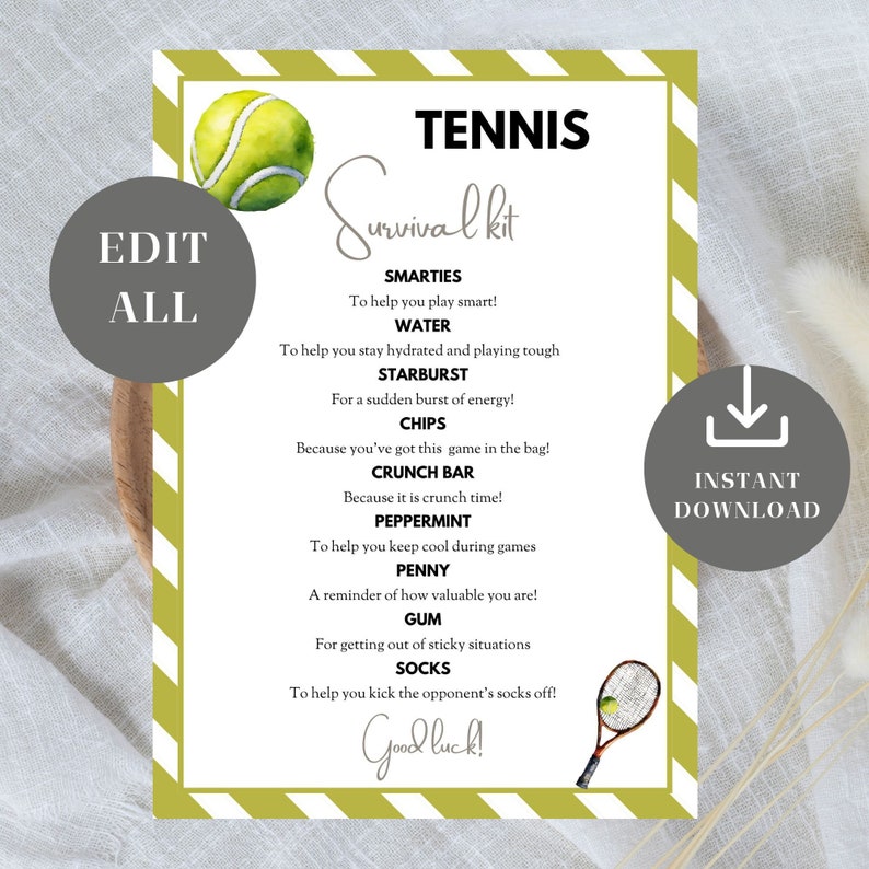 Tennis Survival Kit zum Ausdrucken, viel Glück Geschenkkorb Idee ...
